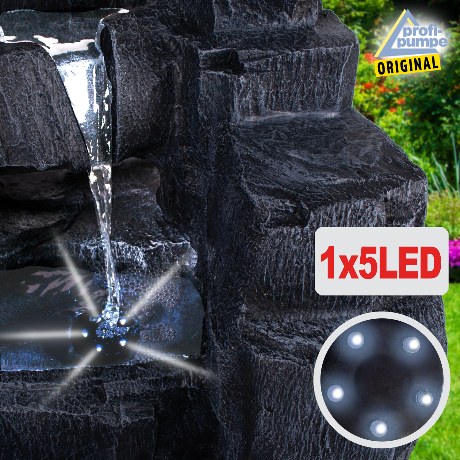 Solar-Brunnen ""WASSERFALL"" mit Li-Ion-Akku und LED-Licht